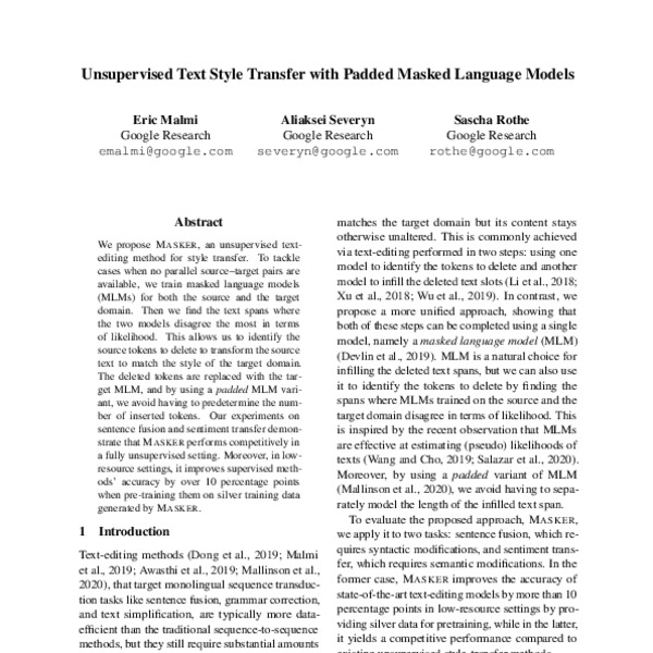 Unsupervised Text Style Transfer With Padded Masked Language Models Acl Anthology