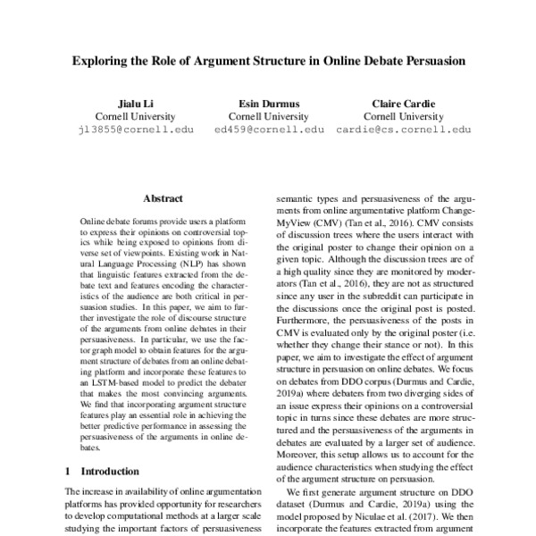 Exploring the Role of Argument Structure in Online Debate Persuasion - ACL Anthology