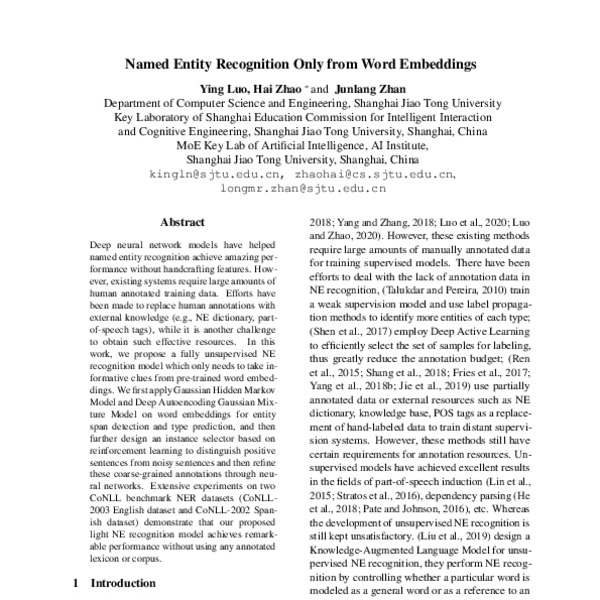 Named Entity Recognition Only From Word Embeddings Acl Anthology