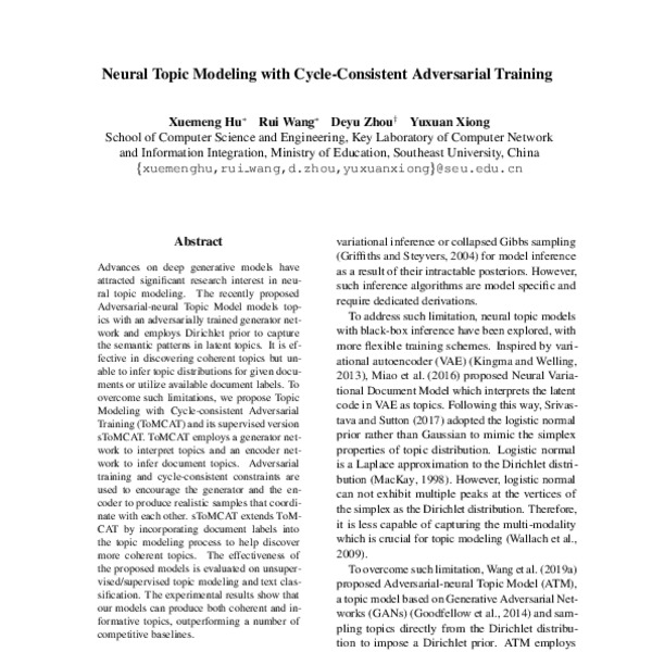 Neural Topic Modeling With Cycle Consistent Adversarial Training Acl
