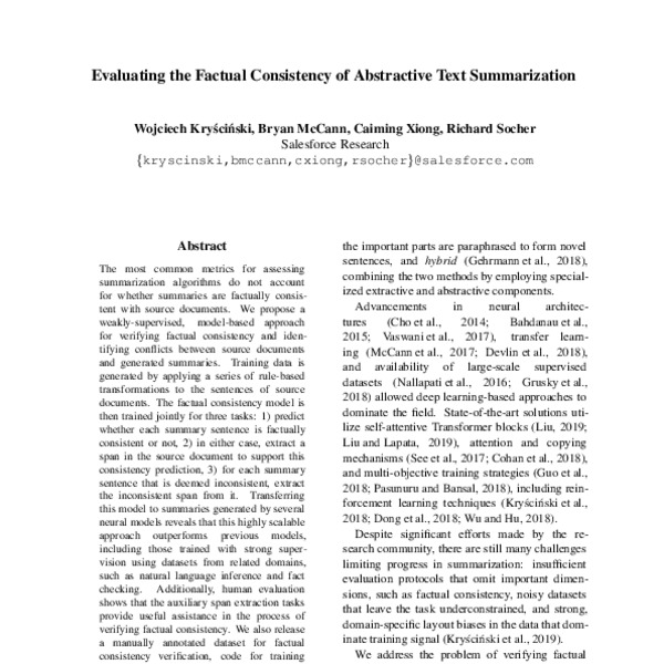 Evaluating the Factual Consistency of Abstractive Text Summarization - ACL Anthology
