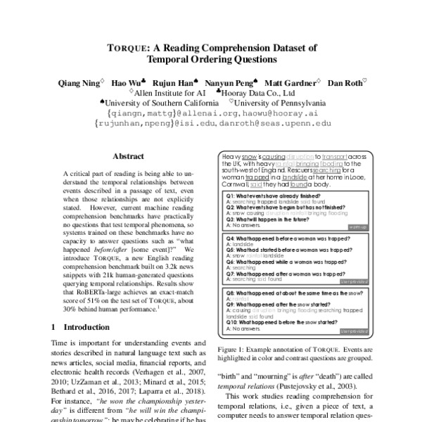 TORQUE: A Reading Comprehension Dataset of Temporal Ordering Questions - ACL Anthology