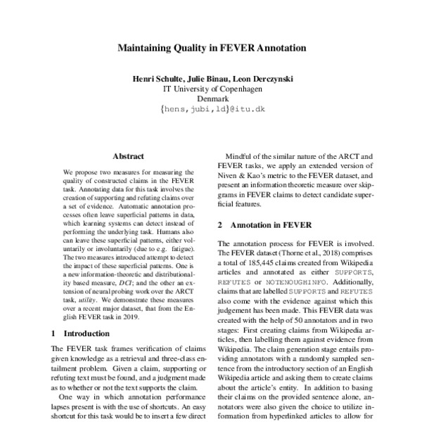 Maintaining Quality in FEVER Annotation - ACL Anthology