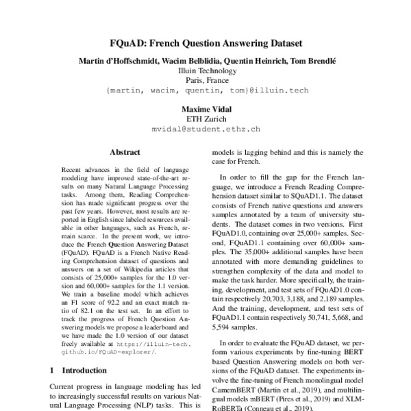 FQuAD: French Question Answering Dataset - ACL Anthology