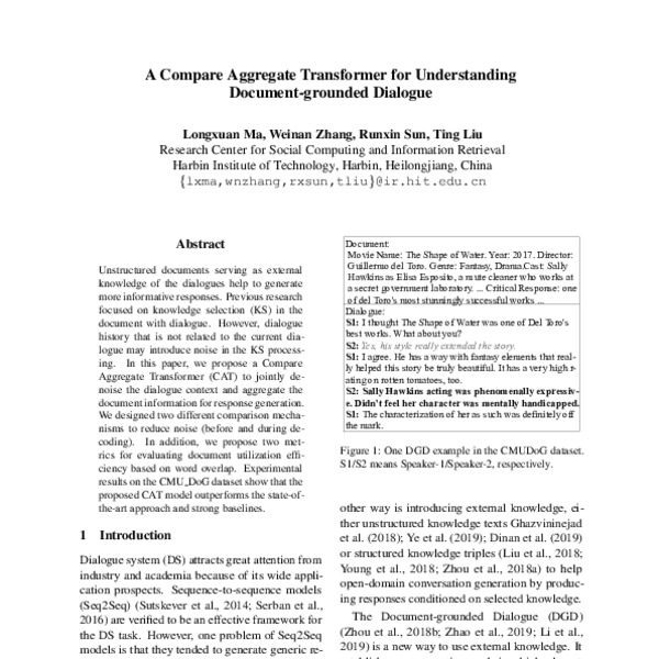 A Compare Aggregate Transformer for Understanding Document-grounded Dialogue - ACL Anthology