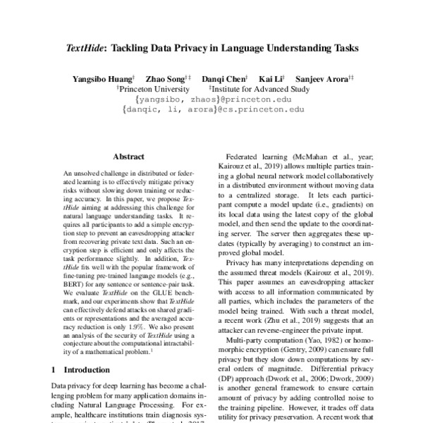 TextHide: Tackling Data Privacy in Language Understanding Tasks - ACL Anthology