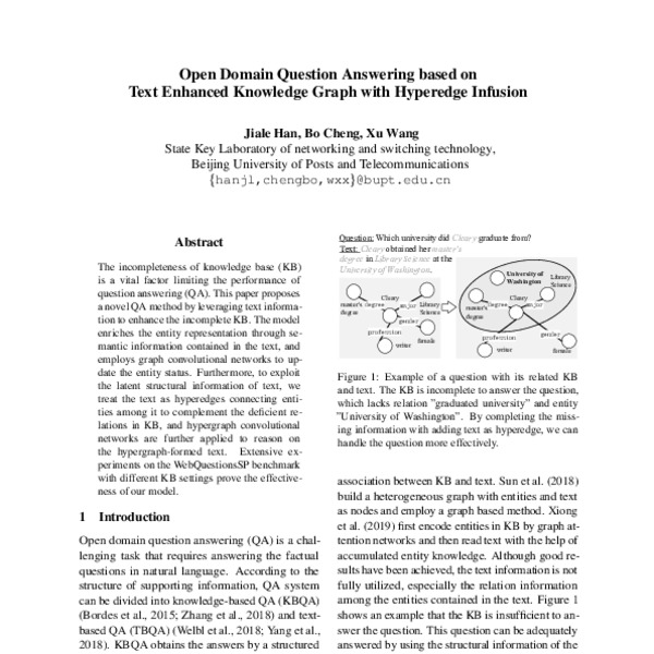 Open Domain Question Answering Based On Text Enhanced Knowledge Graph