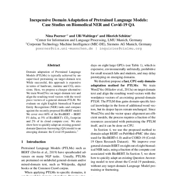 Inexpensive Domain Adaptation of Pretrained Language Models: Case Studies on Biomedical NER and ...