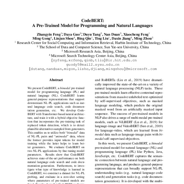 CodeBERT: A Pre-Trained Model for Programming and Natural Languages - ACL Anthology