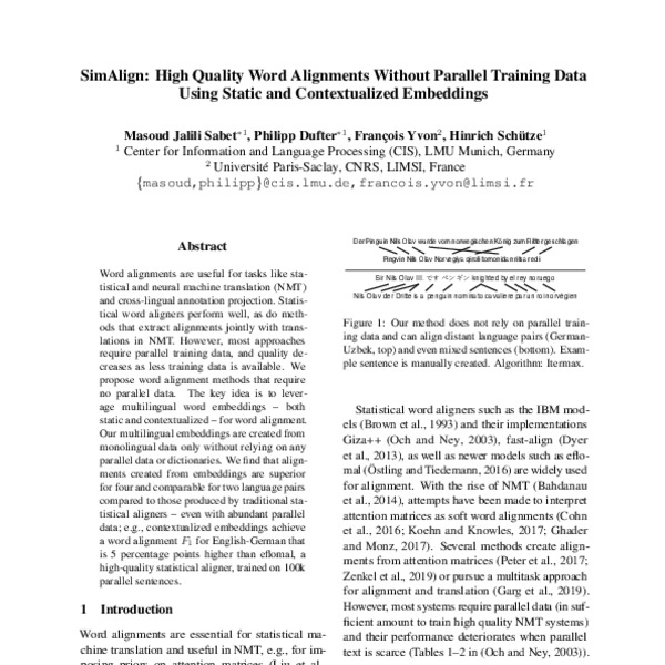 Simalign High Quality Word Alignments Without Parallel Training Data Using Static And