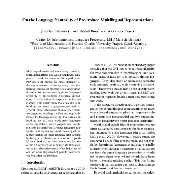 On the Language Neutrality of Pre-trained Multilingual Representations ...
