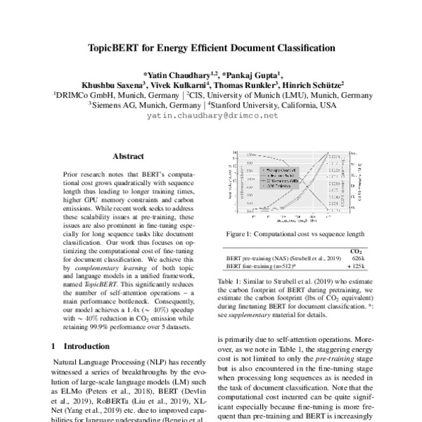 TopicBERT for Energy Efficient Document Classification - ACL Anthology