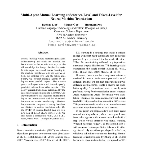 Multi-Agent Mutual Learning at Sentence-Level and Token-Level for ...