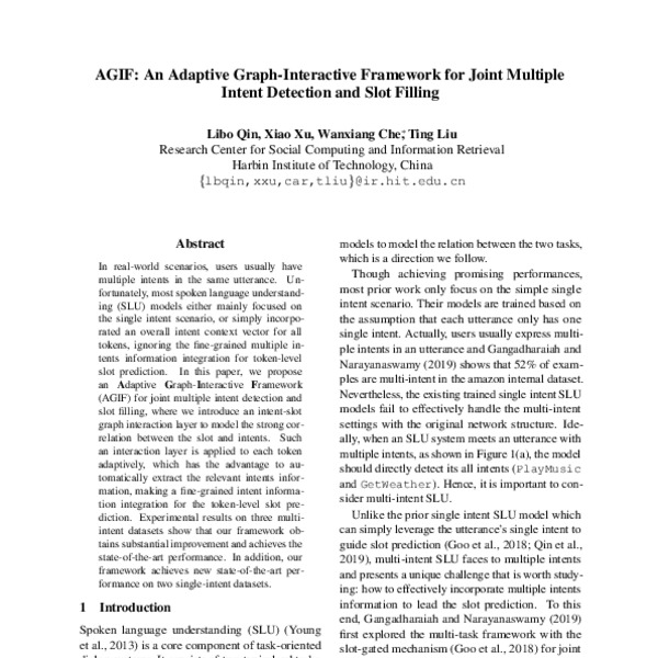 AGIF: An Adaptive Graph-Interactive Framework for Joint Multiple Intent Detection and Slot ...