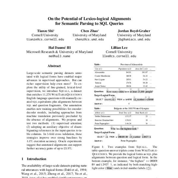 On the Potential of Lexico-logical Alignments for Semantic Parsing to SQL Queries - ACL Anthology