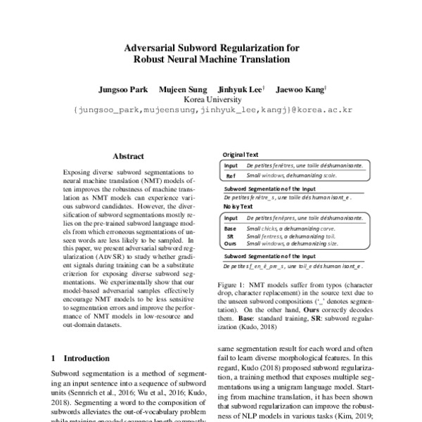 Adversarial Subword Regularization for Robust Neural Machine Translation - ACL Anthology