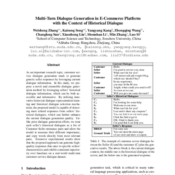 Multi-Turn Dialogue Generation in E-Commerce Platform with the Context of Historical Dialogue ...