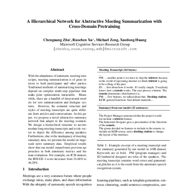 A Hierarchical Network for Abstractive Meeting Summarization with Cross-Domain Pretraining - ACL ...