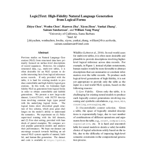 Logic2Text: High-Fidelity Natural Language Generation from Logical Forms - ACL Anthology