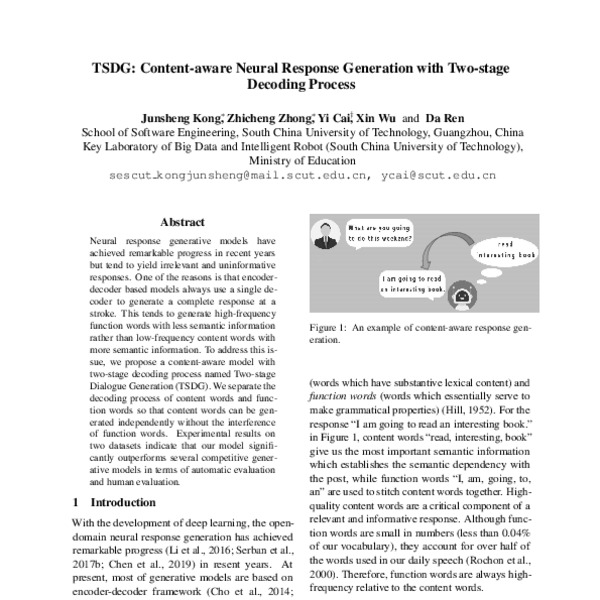 TSDG: Content-aware Neural Response Generation with Two-stage Decoding Process - ACL Anthology