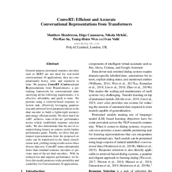 ConveRT: Efficient and Accurate Conversational Representations from Transformers - ACL Anthology
