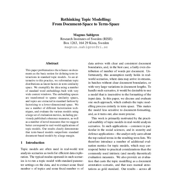 Rethinking Topic Modelling: From Document-Space to Term-Space - ACL Anthology