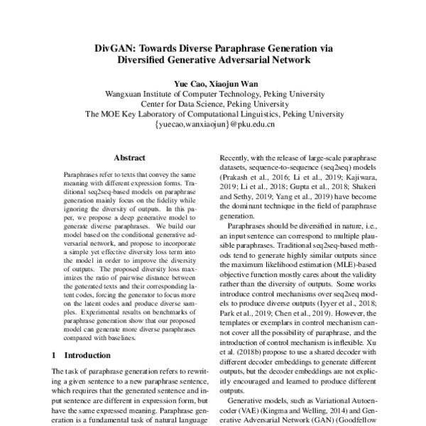DivGAN: Towards Diverse Paraphrase Generation via Diversified Generative Adversarial Network ...