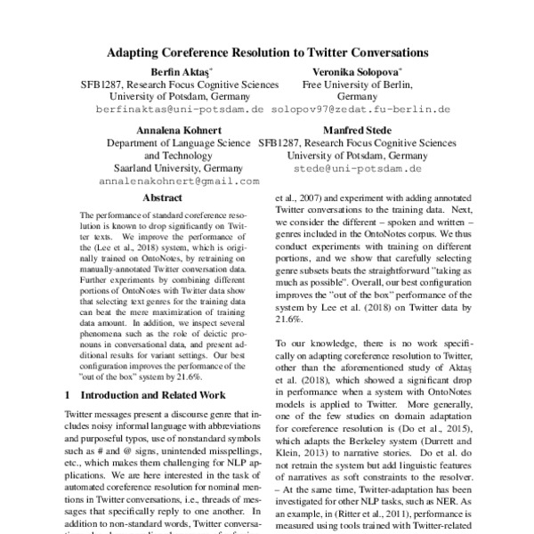 Adapting Coreference Resolution to Twitter Conversations - ACL Anthology