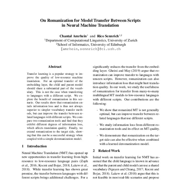 On Romanization For Model Transfer Between Scripts In Neural Machine Translation Acl Anthology