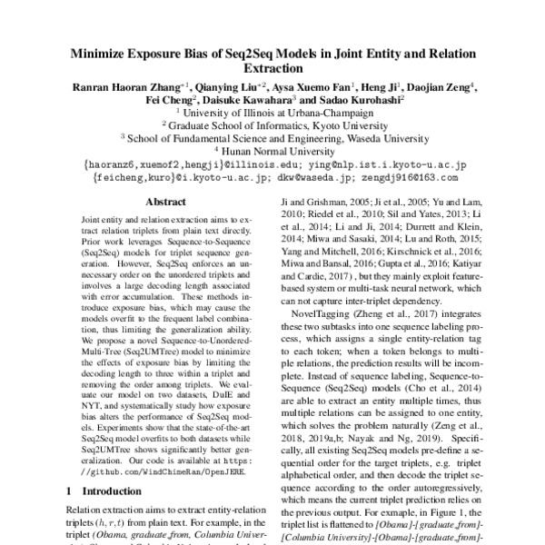 Minimize Exposure Bias of Seq2Seq Models in Joint Entity and Relation Extraction - ACL Anthology