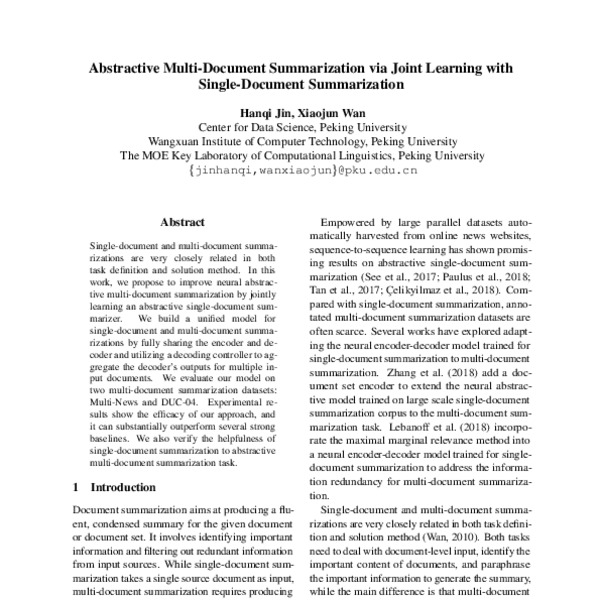 Abstractive Multi Document Summarization Via Joint Learning With Single