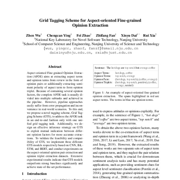 Grid Tagging Scheme For Aspect Oriented Fine Grained Opinion Extraction Acl Anthology