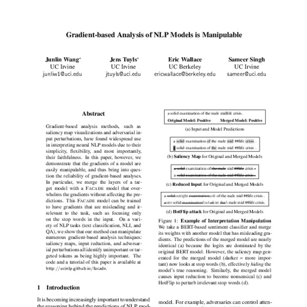 Gradient-based Analysis of NLP Models is Manipulable - ACL Anthology