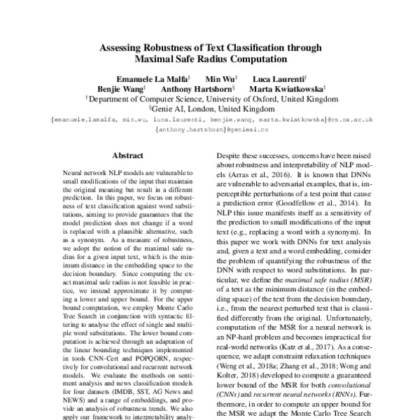 Assessing Robustness of Text Classification through Maximal Safe Radius Computation - ACL Anthology