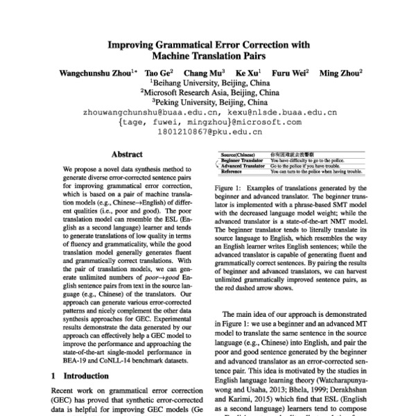 Improving Grammatical Error Correction with Machine Translation Pairs - ACL Anthology