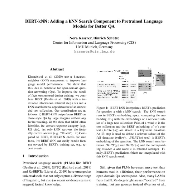 BERT-kNN: Adding a kNN Search Component to Pretrained Language Models for Better QA - ACL Anthology