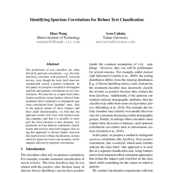 Identifying Spurious Correlations For Robust Text Classification Acl