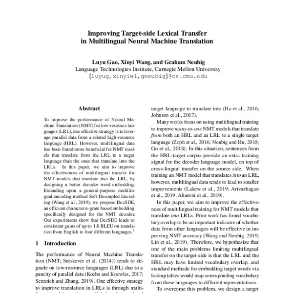 Improving Target-side Lexical Transfer in Multilingual Neural Machine ...