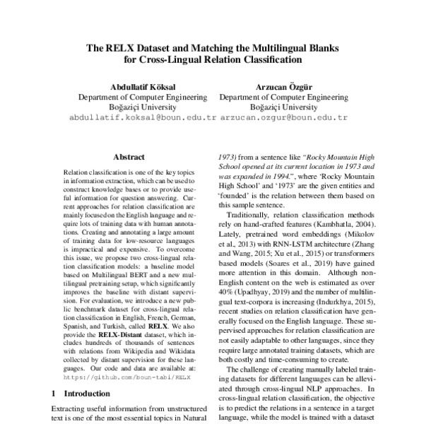 The RELX Dataset and Matching the Multilingual Blanks for Cross-Lingual Relation Classification ...