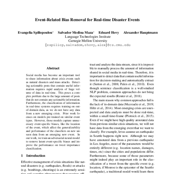 Event-Related Bias Removal for Real-time Disaster Events - ACL Anthology