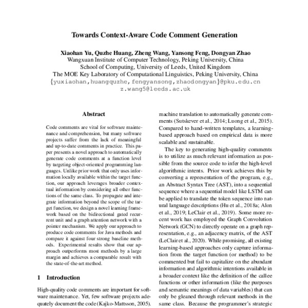 Towards Context Aware Code Comment Generation Acl Anthology