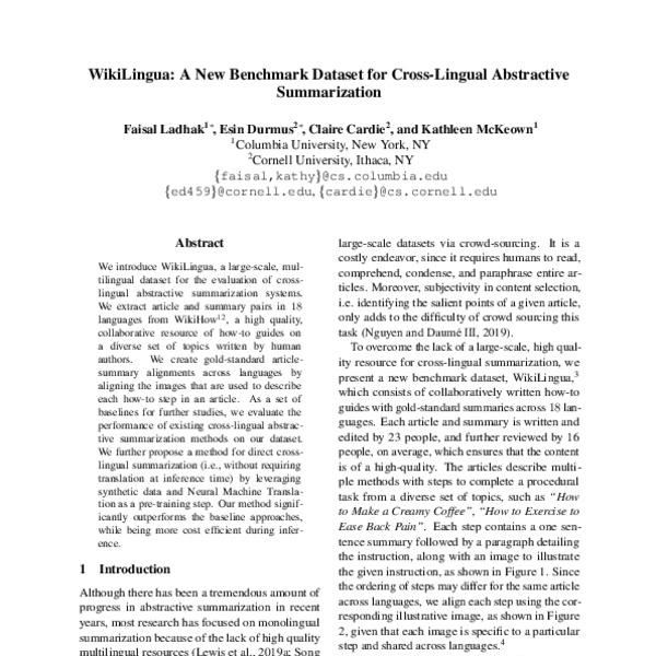 Wikilingua A New Benchmark Dataset For Cross Lingual Abstractive Summarization Acl Anthology