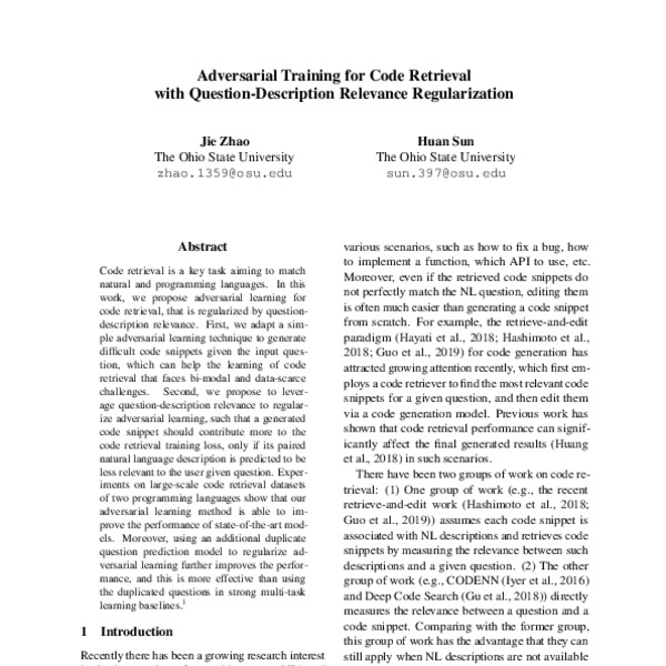 Adversarial Training For Code Retrieval With Question Description Relevance Regularization Acl