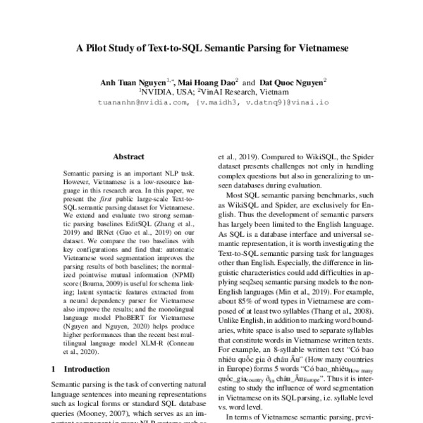 A Pilot Study of Text-to-SQL Semantic Parsing for Vietnamese - ACL Anthology