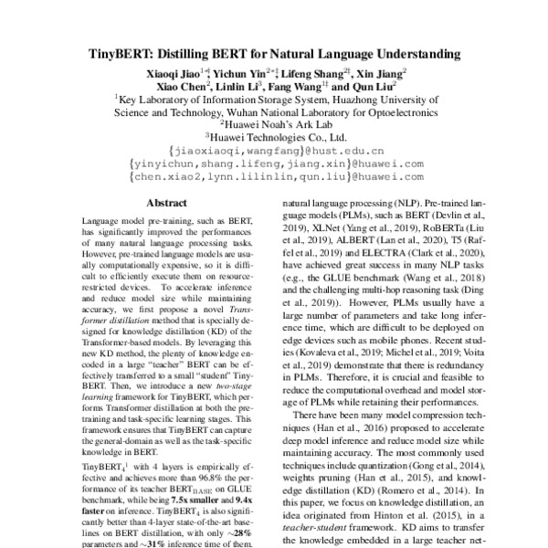 TinyBERT: Distilling BERT for Natural Language Understanding - ACL Anthology
