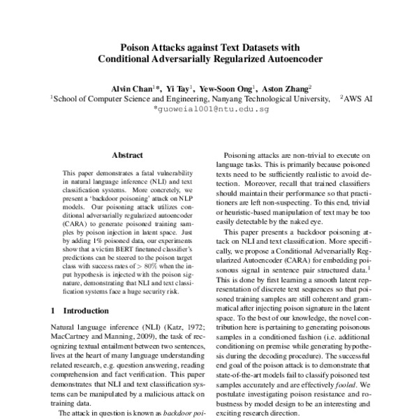 Poison Attacks against Text Datasets with Conditional Adversarially ...