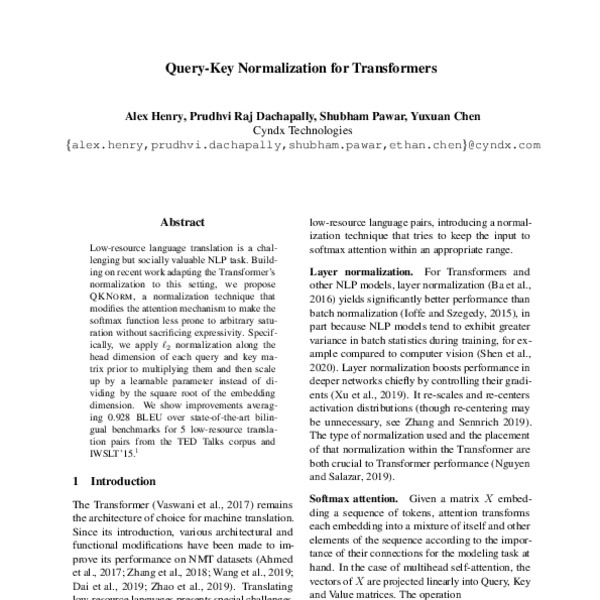 Query Key Normalization For Transformers Acl Anthology