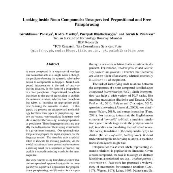 Looking inside Noun Compounds: Unsupervised Prepositional and Free Paraphrasing - ACL Anthology
