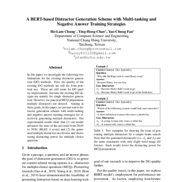 A BERT-based Distractor Generation Scheme with Multi-tasking and Negative Answer Training ...
