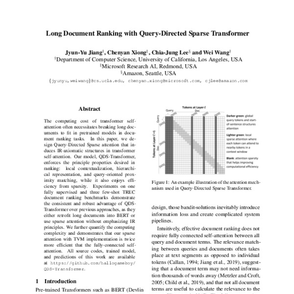 Long Document Ranking With Query Directed Sparse Transformer Acl Anthology